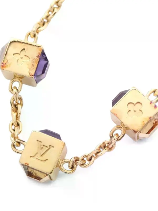 LOUIS VUITTON Tone Rhinestone Embellished Cube Charm Necklace