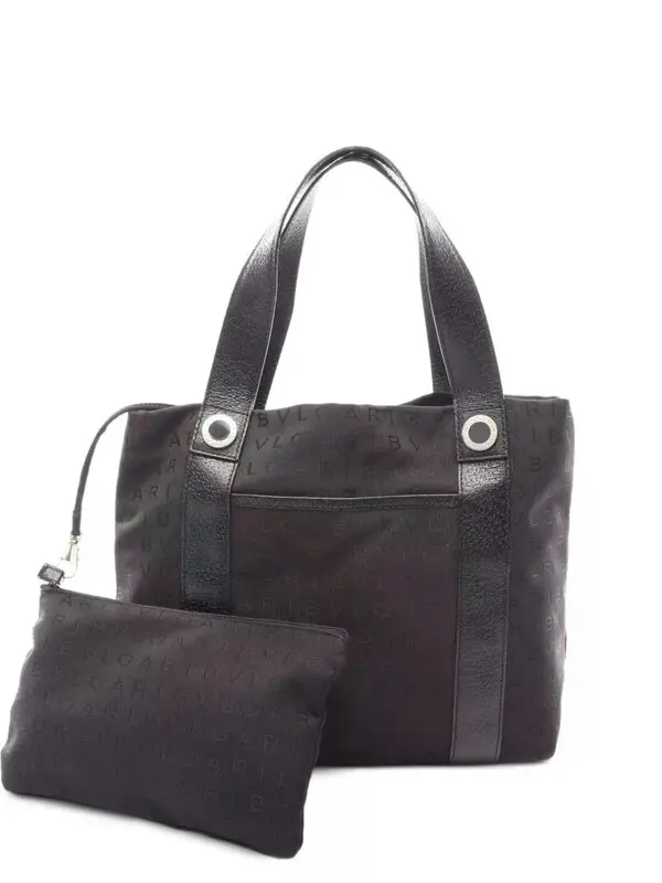 BVLGARI Logomania Canvas Tote Bag With Leather Trim - Black