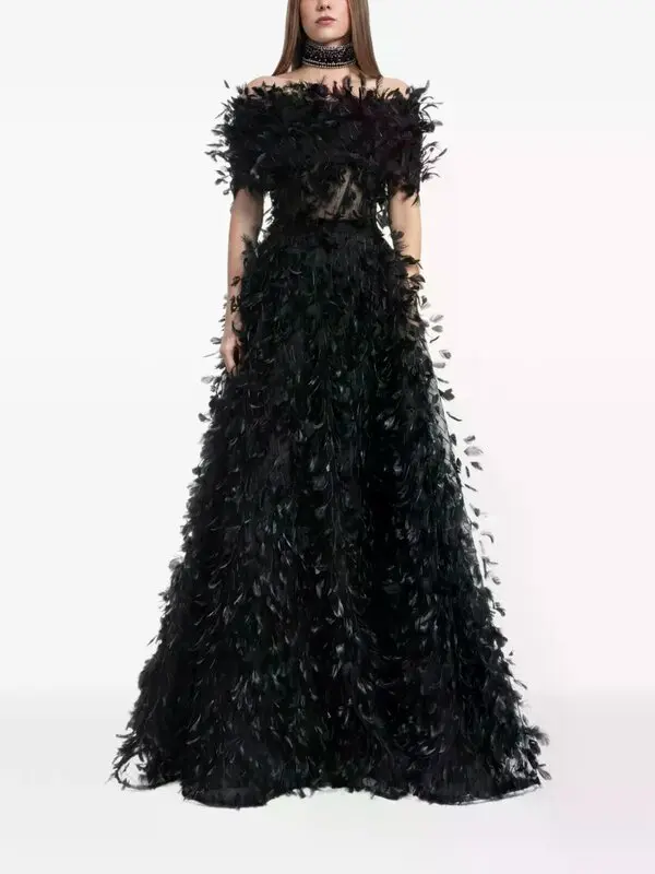 GEMY MAALOUF Feather-trim Off-shoulder Top