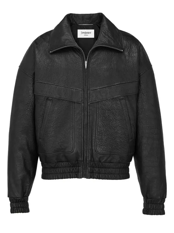 Saint Laurent Lamb Leather Stand-collar Jacket With Front Zip, Shirred Cuffs & Hem - Nero