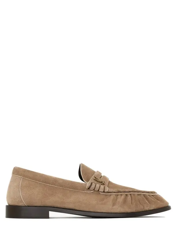 Saint Laurent Hand-stitched Moc Toe Leather Flats With Gold-tone Cassandre Hardware - Beige