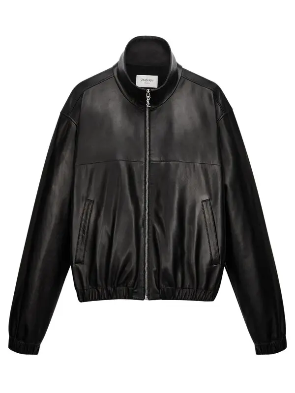 Saint Laurent Leather Stand-collar Jacket With Silk Lining, Front Zip & Shirred Cuffs - Nero