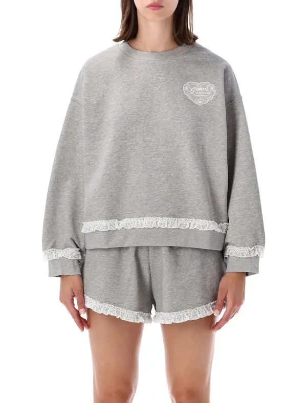 GANNI Oversized Lace Trim Sweatshirt - Paloma Grey