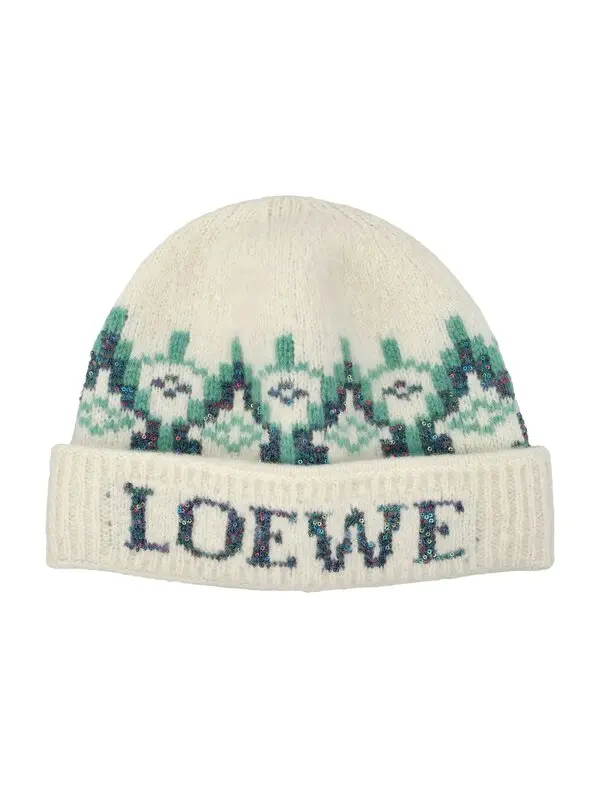 Loewe Beanie With Sequin Logo - White Mint