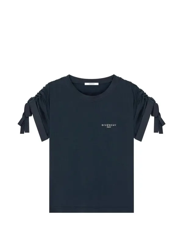 Givenchy Cotton Crewneck T-shirt With Embroidered Logo And Bow Detail Sleeves - Blu