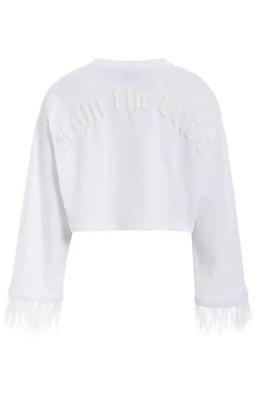 BRIDEMERCH I Am The Bride" Cropped Feather Trim T-shirt - White