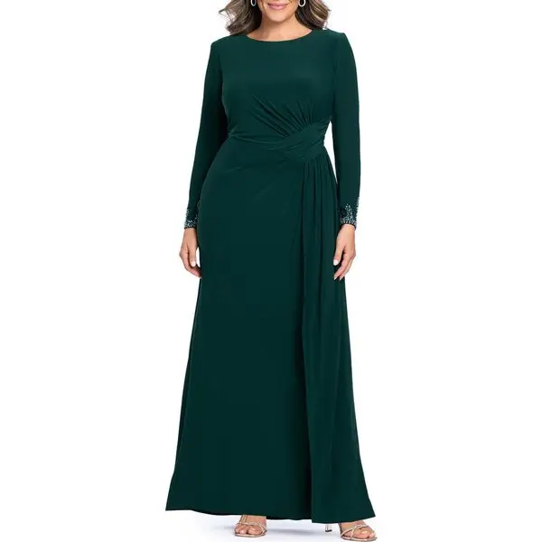 Betsy & Adam Embellished Long Sleeve Gown - Forest