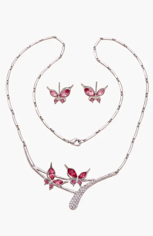 MODENAIRE Butterfly Crystal Necklace And Stud Earring Set - Pink
