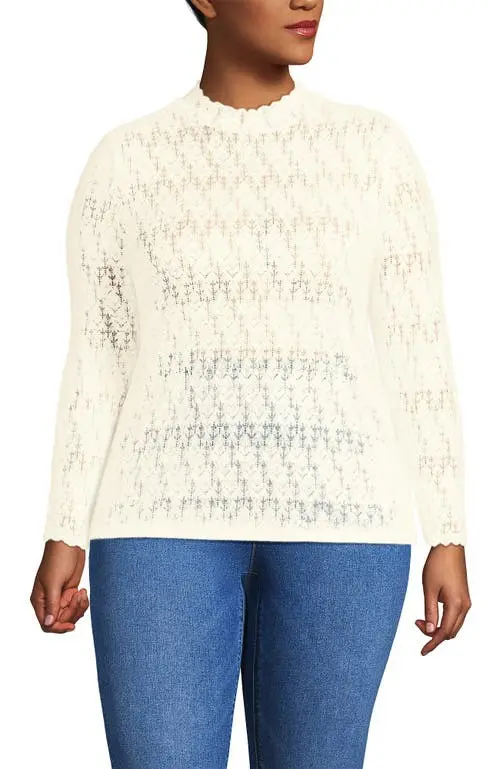 LANDS' END Long Sleeve Brushed Lace Mock Neck Top - Ivory