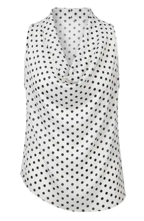MODENAIRE Sleeveless Polka Dot Drape Neck Waist Tie Blouse