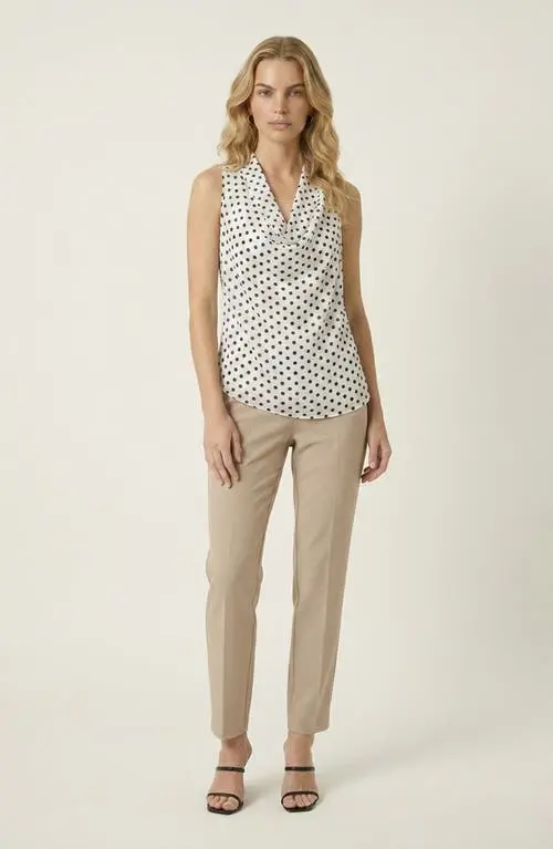 MODENAIRE Sleeveless Polka Dot Drape Neck Waist Tie Blouse