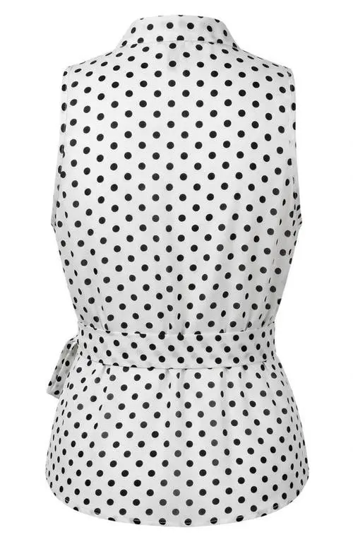 MODENAIRE Sleeveless Polka Dot Drape Neck Waist Tie Blouse