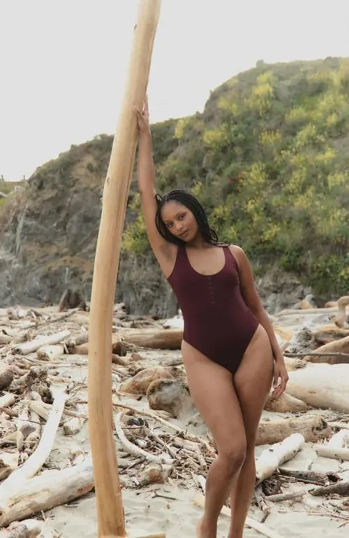 ODDLI Button One Piece" Plaid Swimsuit - Maroon