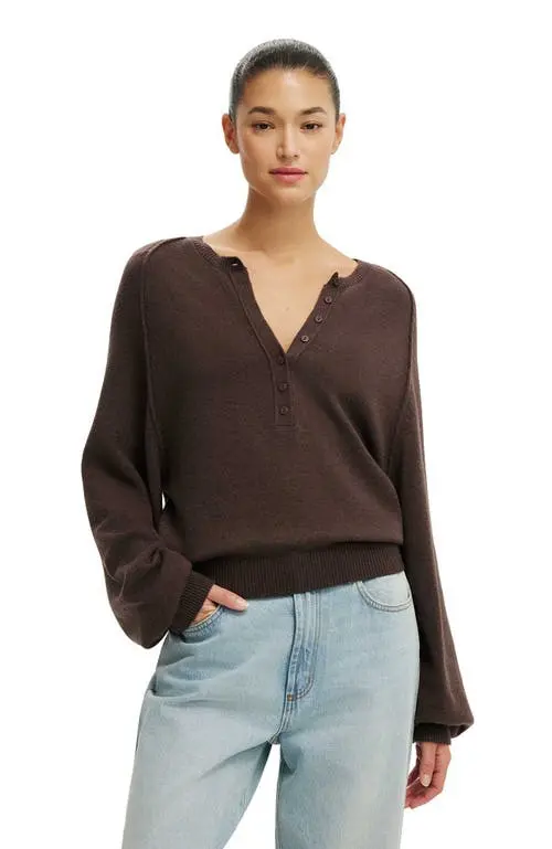 COTTON ON Everfine Oversized Henley Knit - Dark Oak