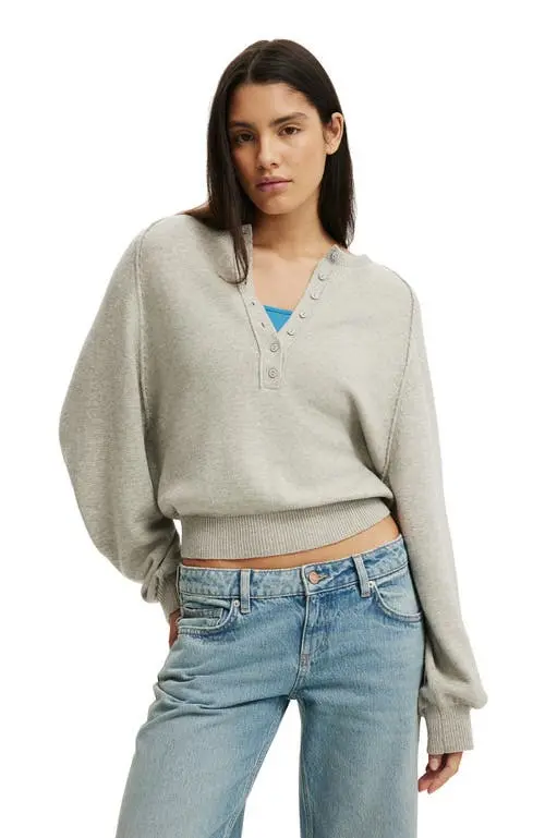 COTTON ON Oversized Henley Knit Top With Button Detail - Grey Marle