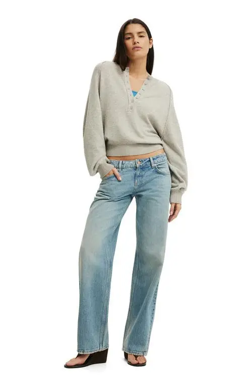 COTTON ON Oversized Henley Knit Top With Button Detail - Grey Marle