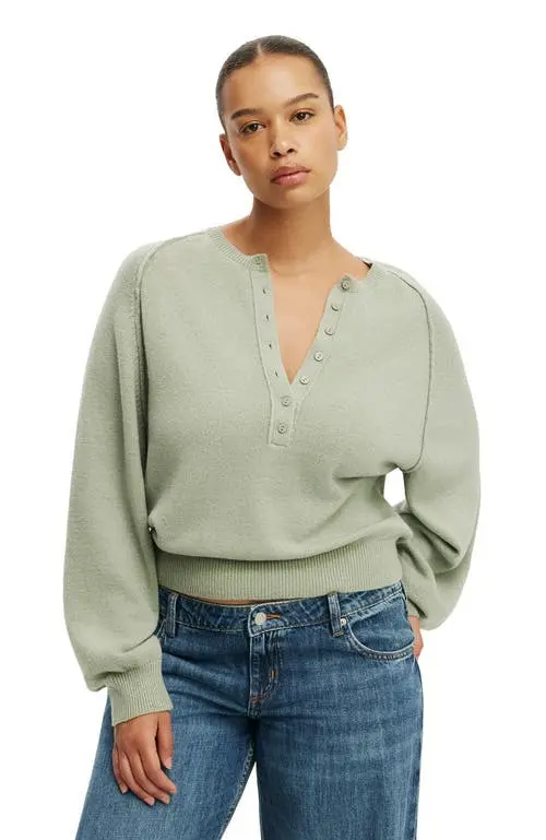 COTTON ON Oversized Henley Knit Top With Button Detail - Pale Eucalyptus