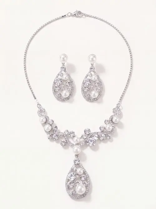 MODENAIRE Pearl And Crystal Teardrop Necklace And Earrings Set