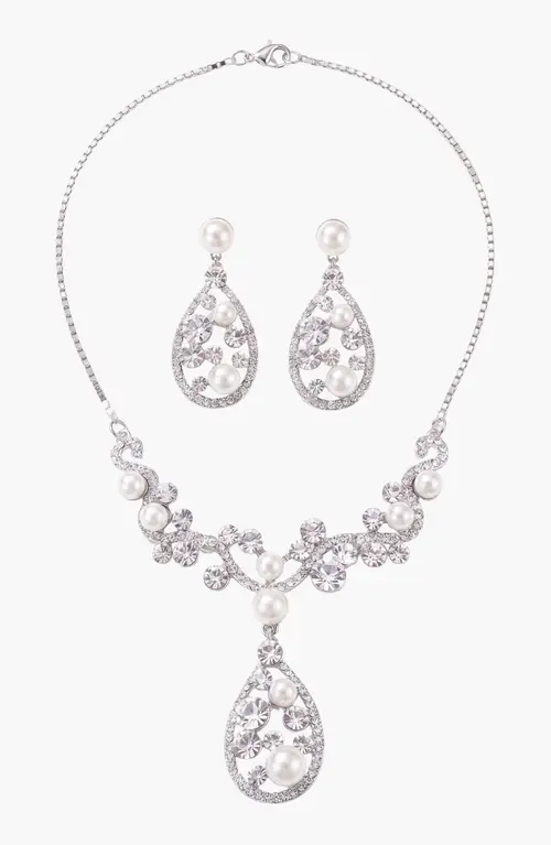 MODENAIRE Pearl And Crystal Teardrop Necklace And Earrings Set - Silver