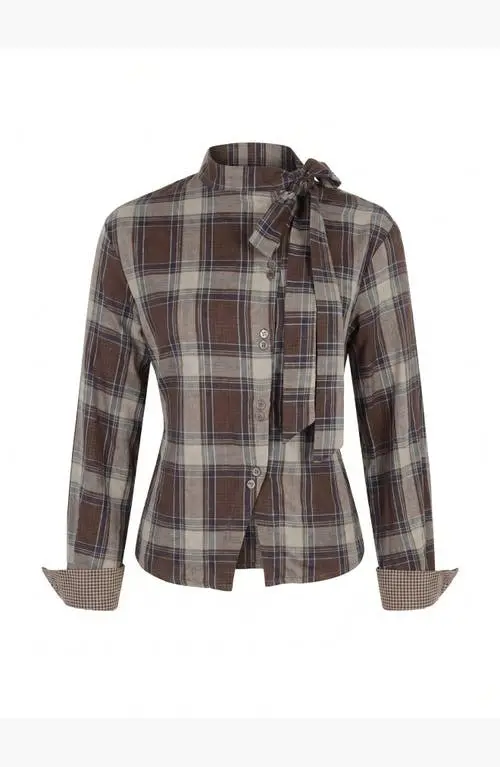 MODENAIRE Plaid Long Sleeve Button Up Blouse With Side Tie