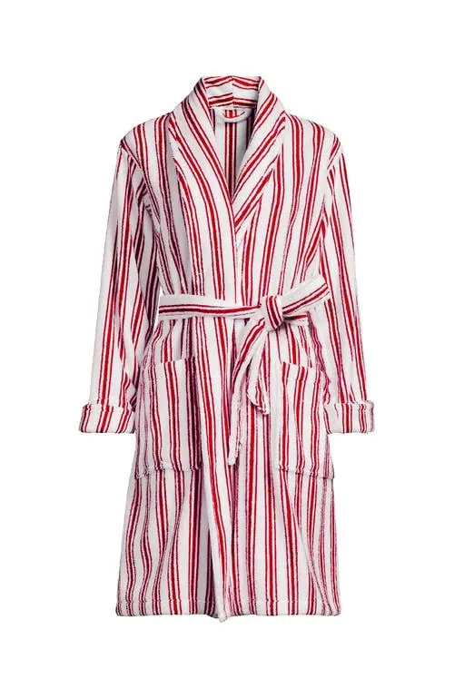 LANDS' END Soft Terry Long Sleeve Knee Length Robe - White/compass Red Stripe