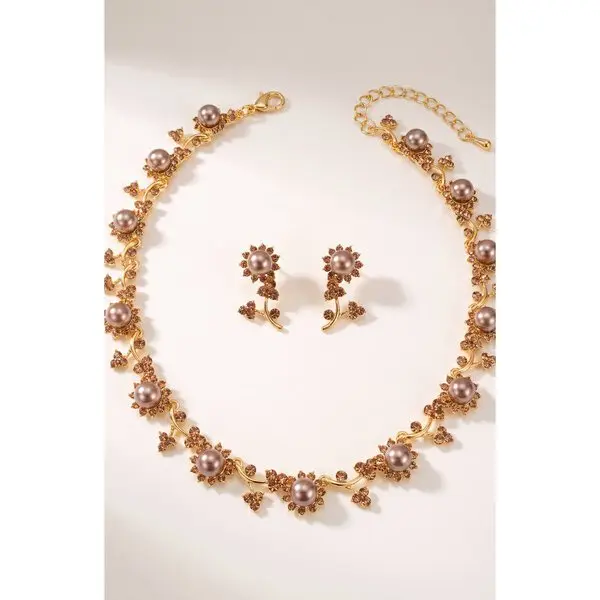 MODENAIRE Pearl And Crystal Floral Necklace And Earrings Set