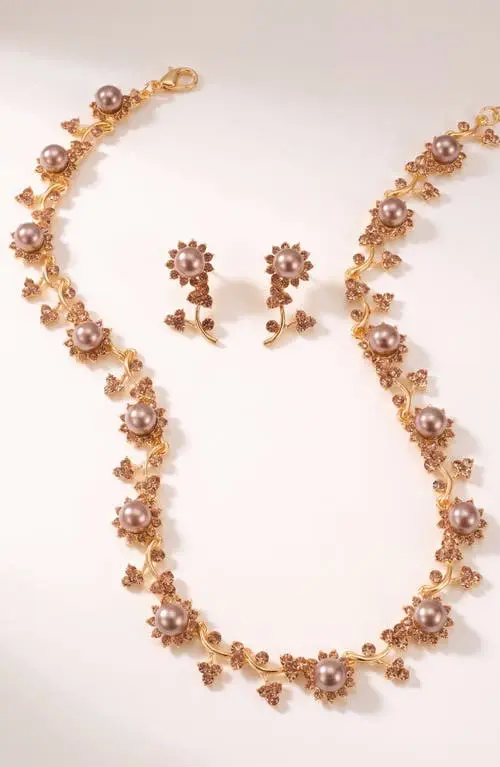MODENAIRE Pearl And Crystal Floral Necklace And Earrings Set
