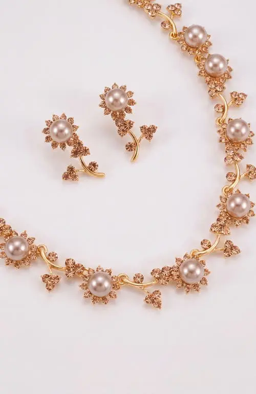 MODENAIRE Pearl And Crystal Floral Necklace And Earrings Set