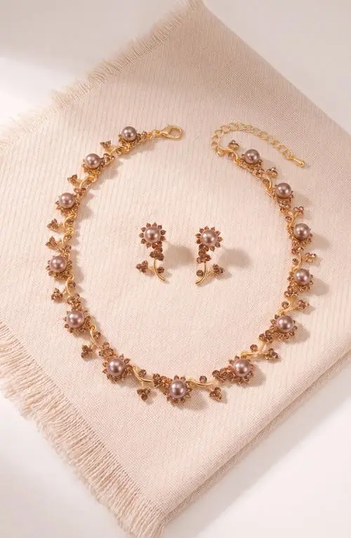 MODENAIRE Pearl And Crystal Floral Necklace And Earrings Set