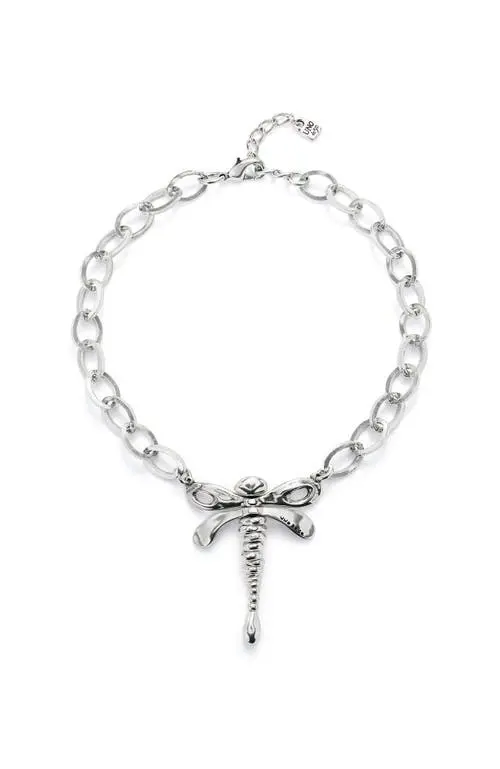 UNODE50 Sterling Plated Chain Necklace With Central Dragonfly