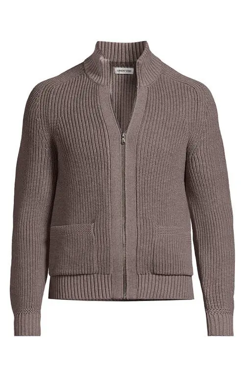 LANDS' END Long Sleeve Drifter Full Zip Cardigan Sweater - Light Bark Heather