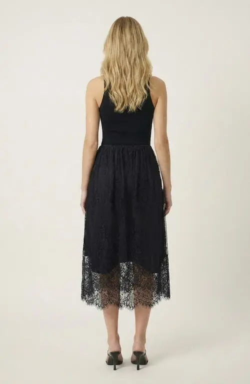 MODENAIRE Layered Lace Midi Skirt With Sheer Hem - Black