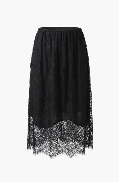 MODENAIRE Layered Lace Midi Skirt With Sheer Hem - Black