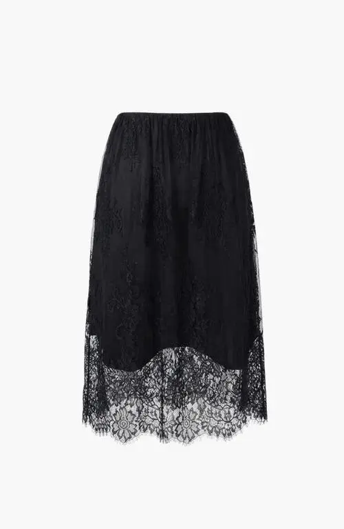 MODENAIRE Layered Lace Midi Skirt With Sheer Hem - Black