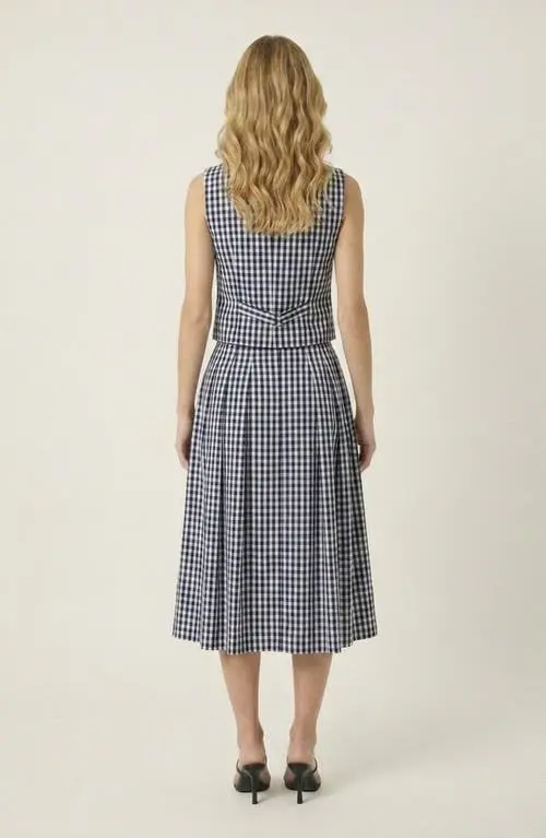 MODENAIRE High Waist Pleated Gingham Midi Skirt