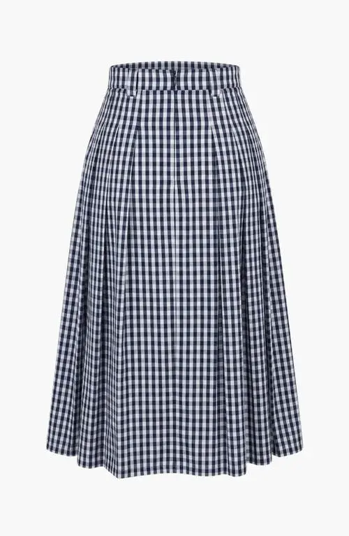 MODENAIRE High Waist Pleated Gingham Midi Skirt