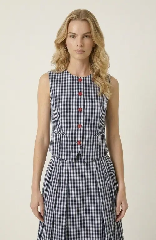MODENAIRE High Waist Pleated Gingham Midi Skirt