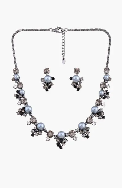 MODENAIRE Faux Pearl And Crystal Statement Necklace And Earring Set - Black