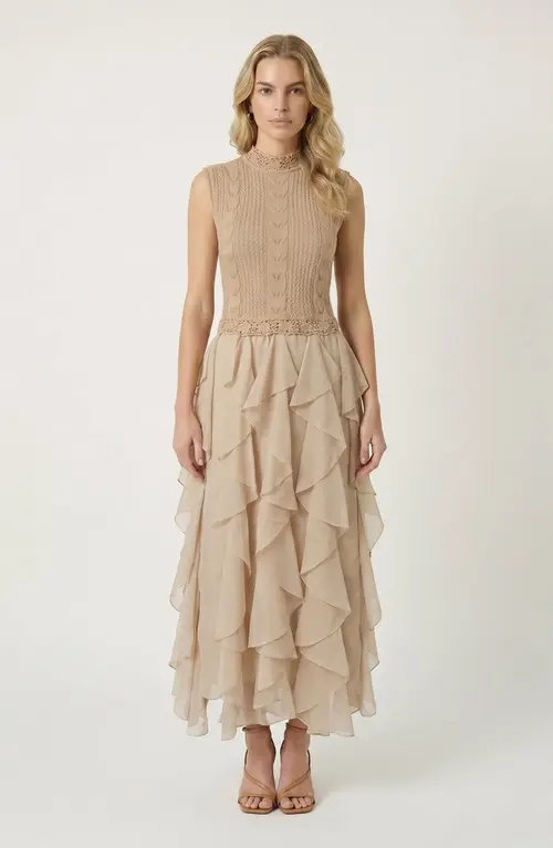MODENAIRE Sleeveless Knit Dress With Crochet Detail And Tiered Ruffle Skirt - Tan