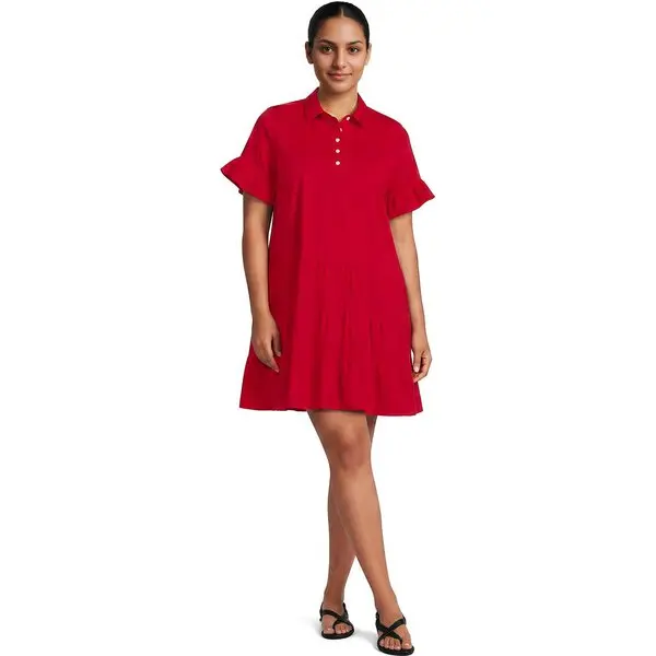LANDS' END Poplin Flutter Sleeve Knee Length Tiered Dress - Compass Red