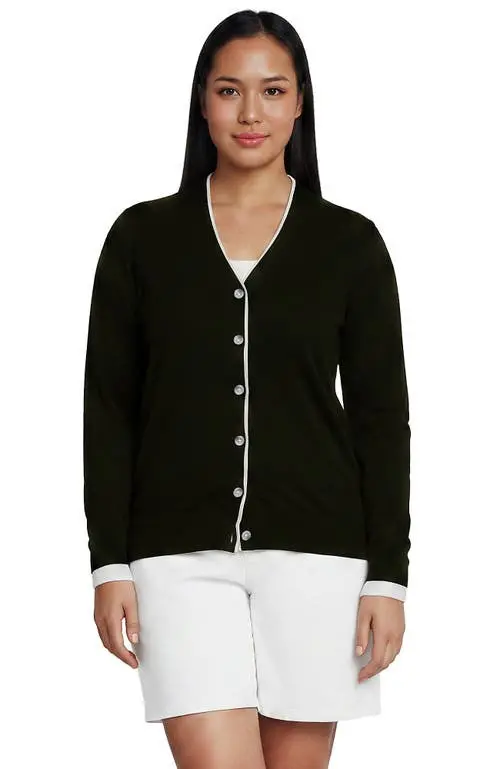 LANDS' END Double Trim Cotton V-neck Cardigan Sweater - Black/white