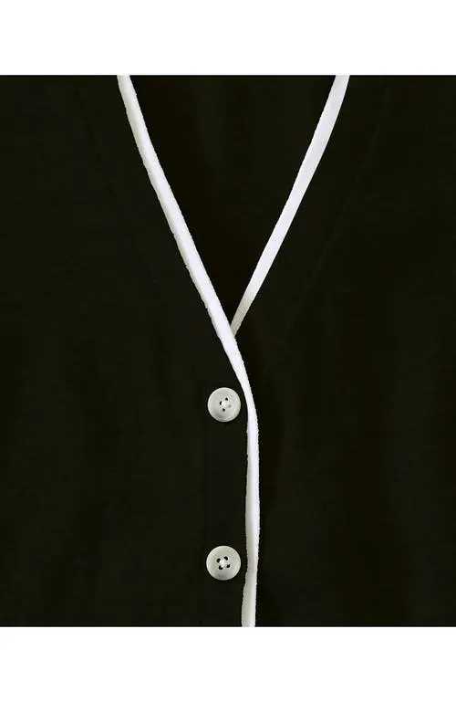 LANDS' END Double Trim Cotton V-neck Cardigan Sweater - Black/white