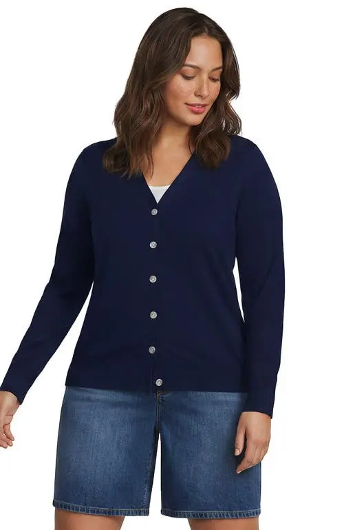 LANDS' END Double Trim Cotton V-neck Cardigan Sweater - Deep Sea Navy