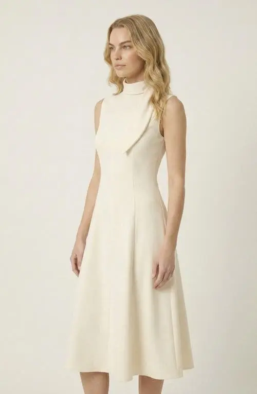 MODENAIRE High Neck Sleeveless Midi Dress With Tie Detail