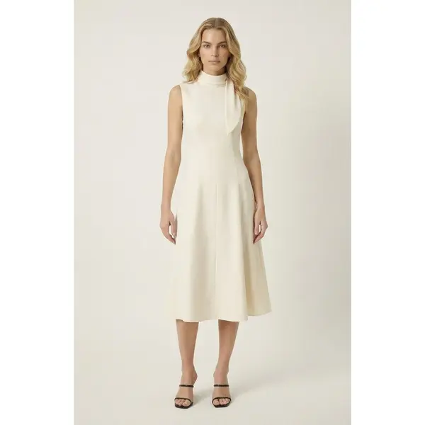 MODENAIRE High Neck Sleeveless Midi Dress With Tie Detail - Beige