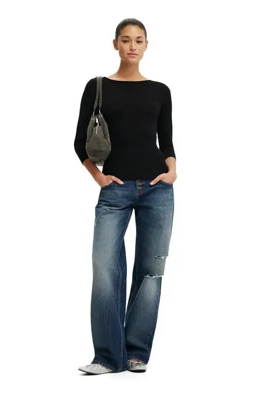 COTTON ON Close Knit Boat Neck Long Sleeve Top - Black