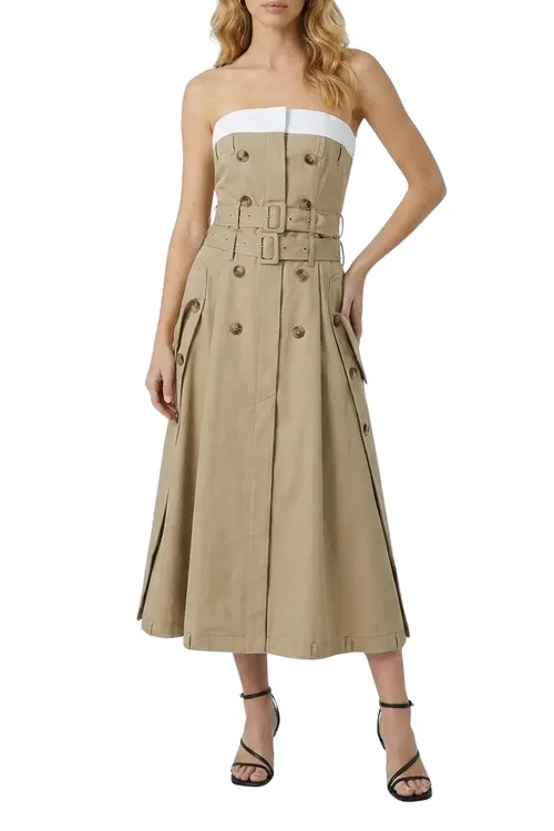 MODENAIRE Strapless Trench Midi Dress With Double Belt Detail - Beige
