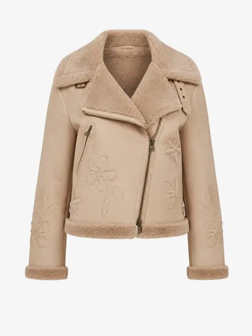 MINE BILGI Embroidered Merino Curly Shearling Biker Jacket