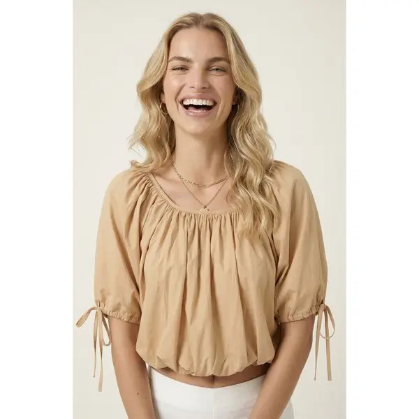 MODENAIRE Puff Sleeve Top With Gathered Neckline