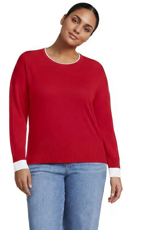 LANDS' END Double Trim Crew Neck Sweater - Compass Red/white